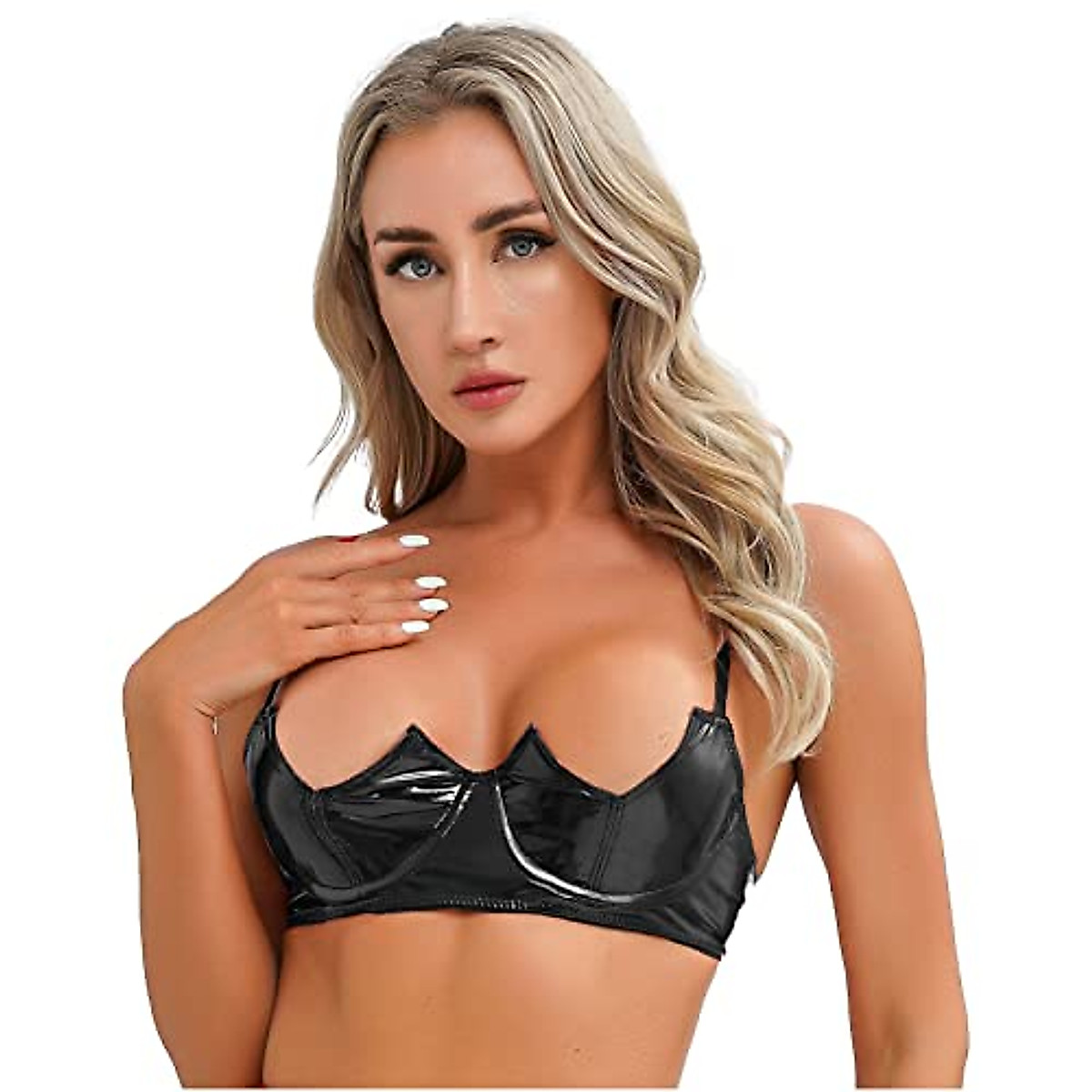 Yanarno Womens Sexy PVC Leather Mini Bra Top Clubwear Hollow Out 1/2 Cup Latex Sleeveles Vest Tops Black Medium