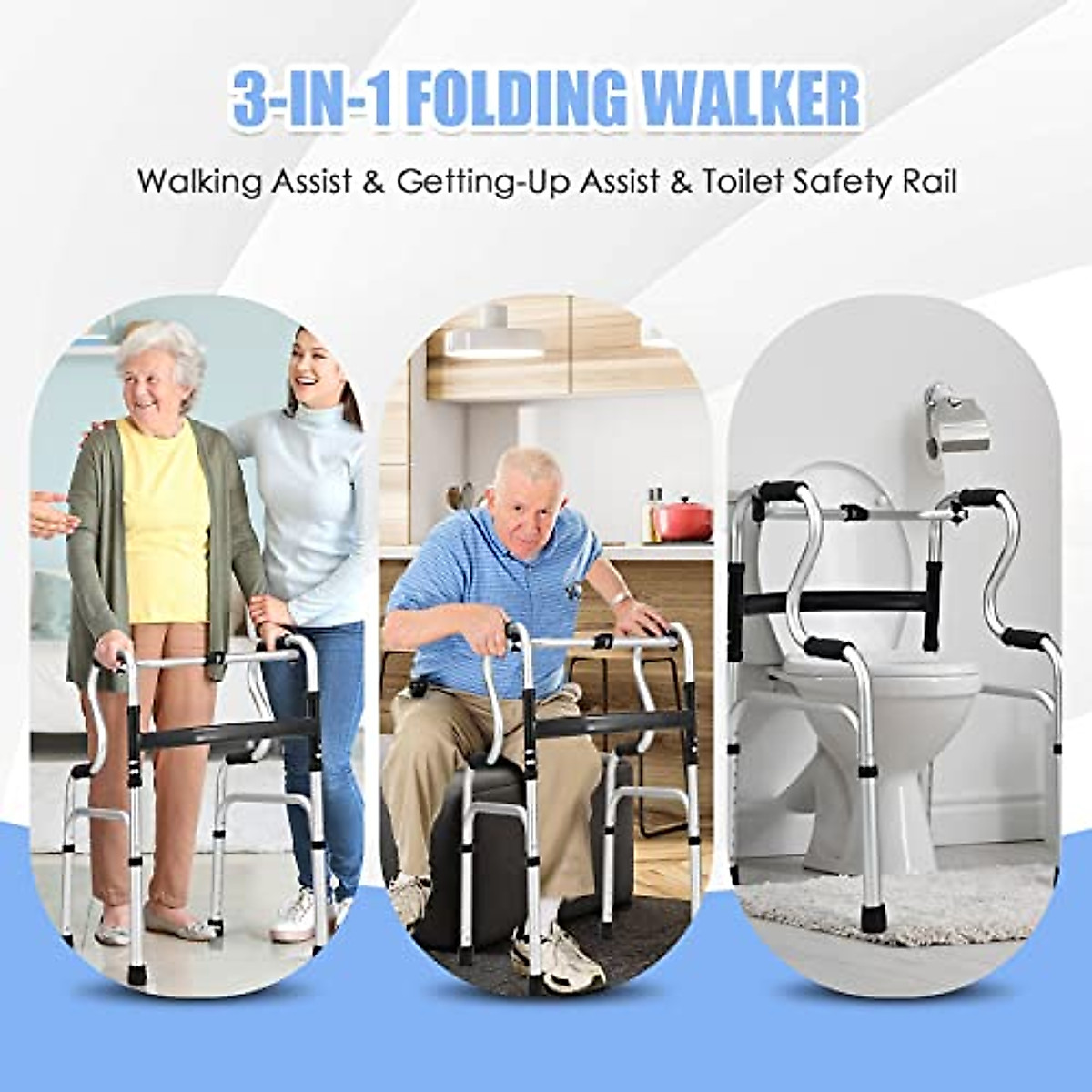 Goplus 3-in-1 Stand-Assist Folding Walker, 400LBS FDA Certification Heavy Duty Walking Mobility Aid, Can be Used as Toilet Safety Rail, Height Adjustable Narrow Drive Walkers for Seniors Elderly Adult