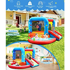 Step4Fun Inflatable Bounce House, Kids Castle Slide Bouncer for Children Jumping Outdoor and Indoor Party, Baby Backyard Water Jumper Toy with Blower, Ball Pit Pool, Ideal Gifts（112 x 98 x 65”）