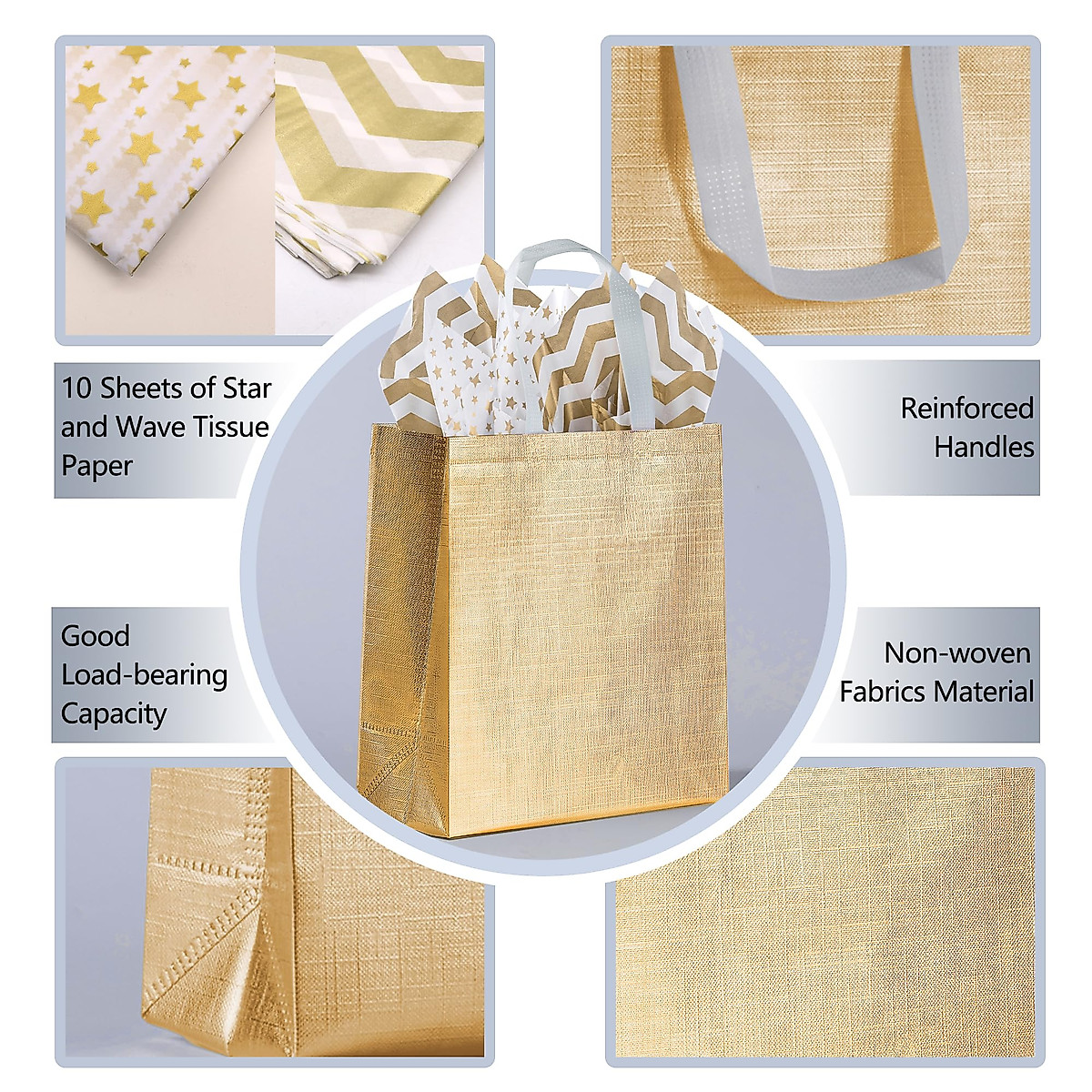 Offizon 6 Pack Medium Golden Grocery Bags, 8x4x10 Inches Reusable Gift Bags with Gold Tissue Paper, Water-proof Shopping Bags, Foldable Bags for Celebrations and Weddings (20x10x25cm)