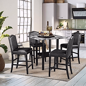 Merax 5 Piece Counter Height Pub Table Set, Dining Table Set Marble Veneer Top Kitchen Table with Bottom Shelf and 4 PU Leather Chairs (Black Chair+Gray Table)