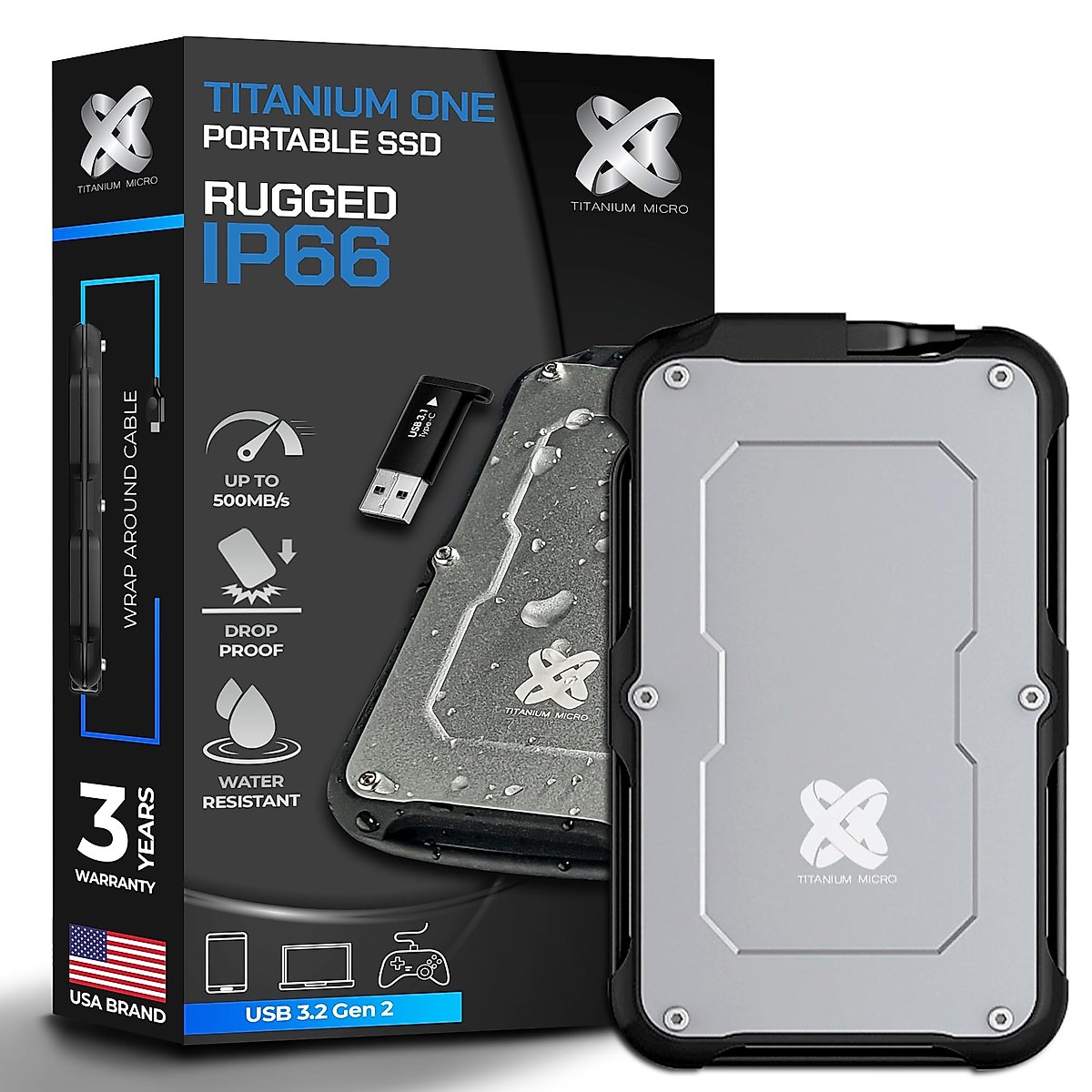 Titanium Micro 2TB External SSD, Titanium One Portable SSD - Up to 500MB/s, USB 3.2 Gen 2 USB-C USBA, Rugged IP66 Water Resistance, Drop Proof, External Solid State Drive Storage for PC Mac Smartphone