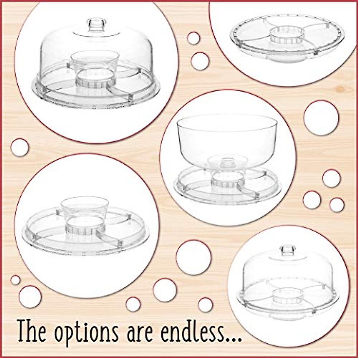 Homeries Acrylic Cake Stand with Dome Cover (6 in 1) Multi-Functional Serving Platter and Cake Plate - Use as Cake Holder, Salad Bowl, Platter, Punch Bowl, Desert Platter, Nachos & Salsa Plate,
