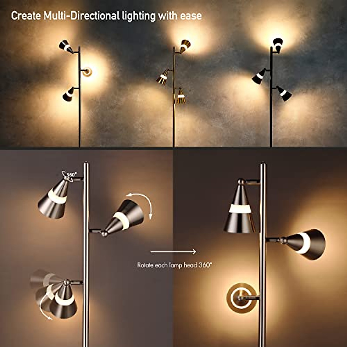 O’Bright Ash - 3-Light LED Tree Floor Lamp, Dimmable 3-Head LED, Multidirectional Standing lamp, Adjustable Multi-Shade, Swivel Cone Floor Lamp for Living Room, Bedroom, Brushed Nickel