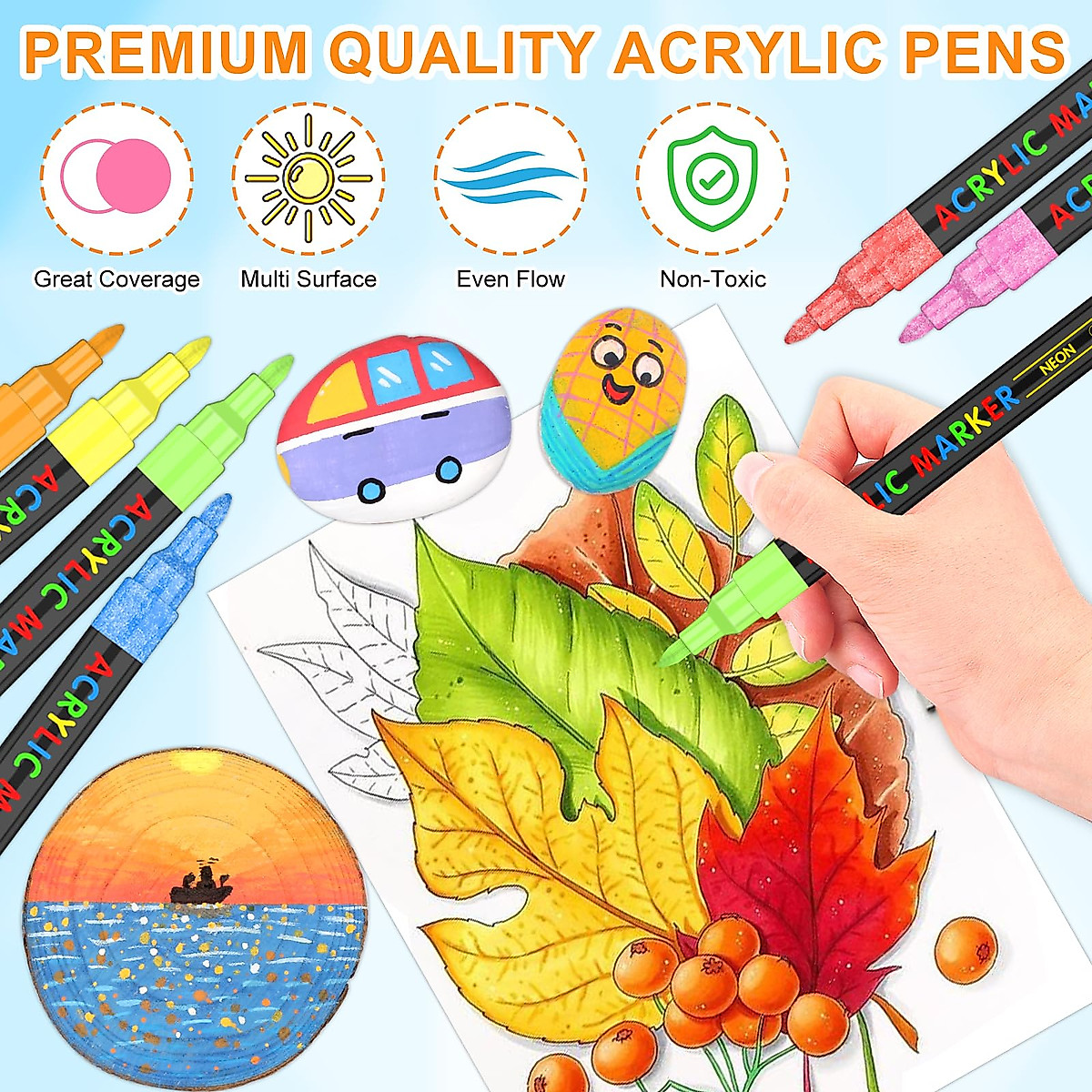 XPaoFey 120 Colors Acrylic Paint Markers, Acrylic Paint Pens Paint Markers, Extra Fine Tip Paint Pens for Rock Painting, Canvas, Wood, Stone, Ceramic, Glass, Fabric, DIY Crafts Making Art Supplies