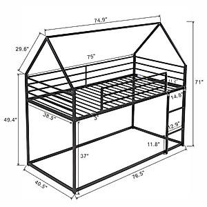 House Bunk Bed Twin Over Metal Beds Frame Low/Floor Bunked for Kids Boys Girls Teens, Black