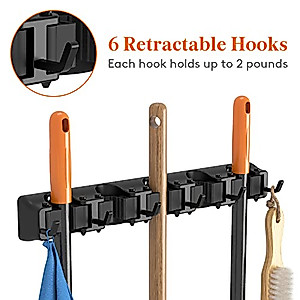 Lifewit Mop and Broom Holder Wall Mount, Anti-Slip Broom Hanger for Kitchen Organization, Heavy Duty Cleaning Supplies Organizer, Easy Install Tool Organizer for Closet, Garage, 5 Slot 6 Hooks, Black