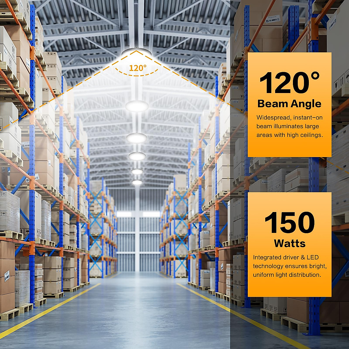 AKOFUN LED High Bay Light 150W 21,000lm 5000K Daylight UFO LED High Bay Shop Light with Hook 4' Cable, IP65 Waterproof Commercial Bay Lighting Fixture for Warehouse Workshop Barn Factory - 4 Pack