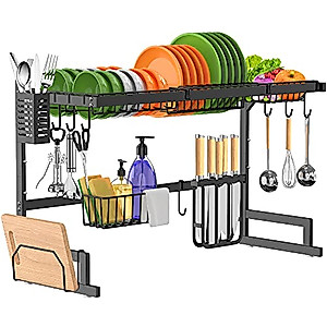 Tsmine Over The Sink Dish Drying Rack 2 Tier Stainless Steel Kitchen Dish Rack Adjustable (33.5-40.5 in), Large Dish Rack Drainer for Kitchen Organizer Storage Space Saver with 7 Utility Hooks