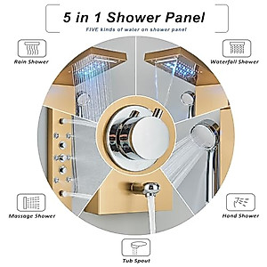 FCOTEEU Brushed Gold Shower Panel with Rainfall Waterfall Shower Head, 6 Adjustable Body Massage Jets Handheld Temperature Dispaly, Wall Mounted Stainless Steel Shower Column Tower