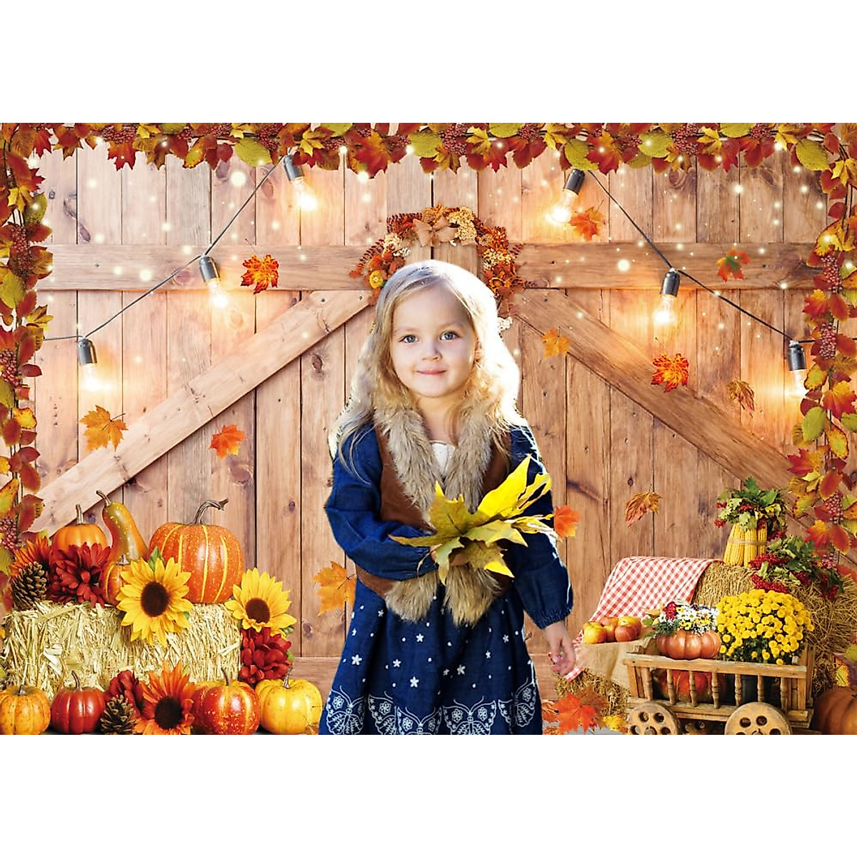 Fall Harvest Barn Backdrop Autumn Thanksgiving Wooden Farm Door Photography Background Rustic Pumpkin Maple Leaves Baby Shower Birthday Party Decorations Supplies 7x5FT