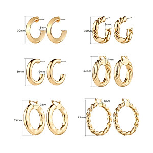 6 Pairs Gold Chunky Hoop Earrings for Women,14K Gold Plated Twisted Huggie Hoop Earring Set Hypoallergenic,Thick Open Hoop Earrings Packs Lightweight. (6 New Gold Hoops)