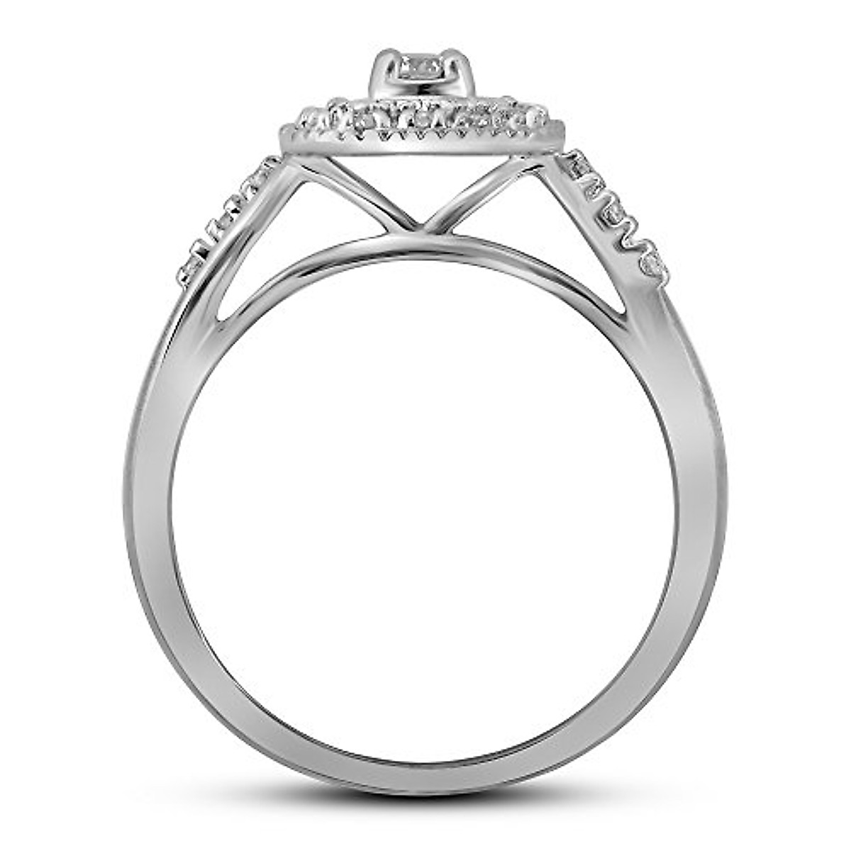 Size - 4.5 - Solid 10k White Gold Round White Diamond Bridal Solitaire Halo Engagement Ring with Matching Wedding Band (1/3 cttw)