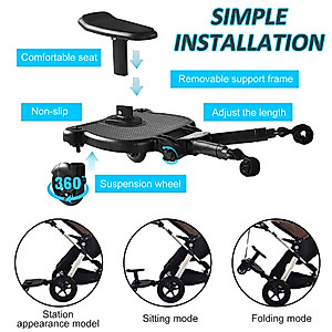 2023 New-Universal Stroller Board with Detachable Seat - 2in1 Sit and Stand Stroller Glider Board with Standing Platform for Most Strollers, Holds Children Up to 55Lbs (Black)