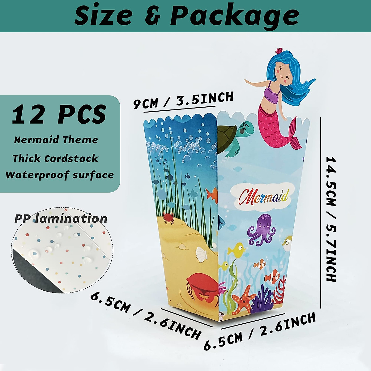 Sumerk 12Pcs Mermaid Popcorn Boxes Candy Snacks Containers for Movie Night, Carnival, Theater Paper Popcorn Bags for Children's Baby Girls Birthday Party Decorations