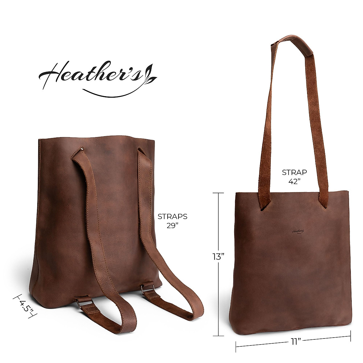 Heather's, Convertible Backpack to Shoulder Bag Handmade from Full Grain Leather - Durable, Spacious Bag, Travel & Shopping Accessory - Bourbon Brown