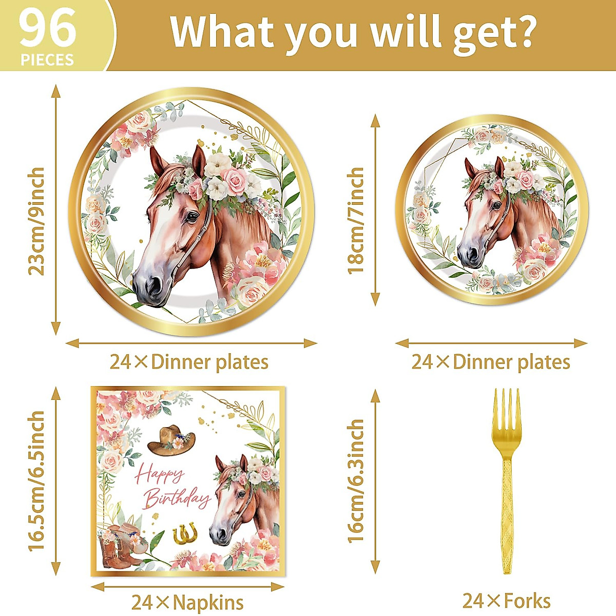 Horse Birthday Party Supplies Tableware - 96 Pcs Golden Horse Themed Plates and Napkins Sets with Forks, Cowgirl Birthday Party Decorations, Western Baby Shower Disposable Dinnerware, Serves 24