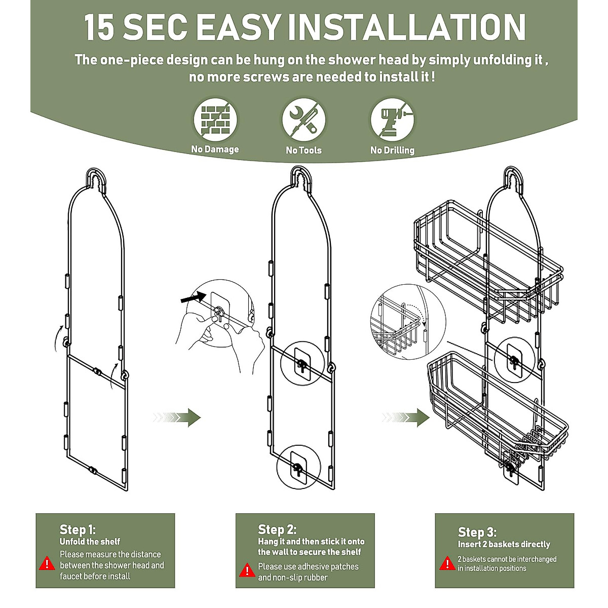 WXCGX Hanging Shower Caddy Over Shower Head Organizer: Height Adjustable Large Bathroom Storage Shelf with Soap Holder - Stainless Rustproof Shower Rack Basket with Hooks for Sponge Razor - Silver