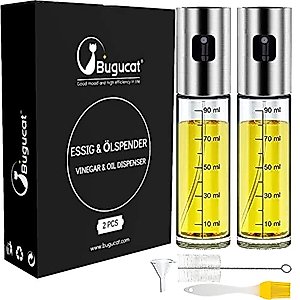 Bugucat Oil Sprayer Bottle 100 ml (2 Pieces), Vinegar Spray Oil Dispenser Oil Trigger Glass Bottle Transparent Oil Sprayer with Brush for BBQ Grilling Baking Roasting Cooking Salad Pasta Making