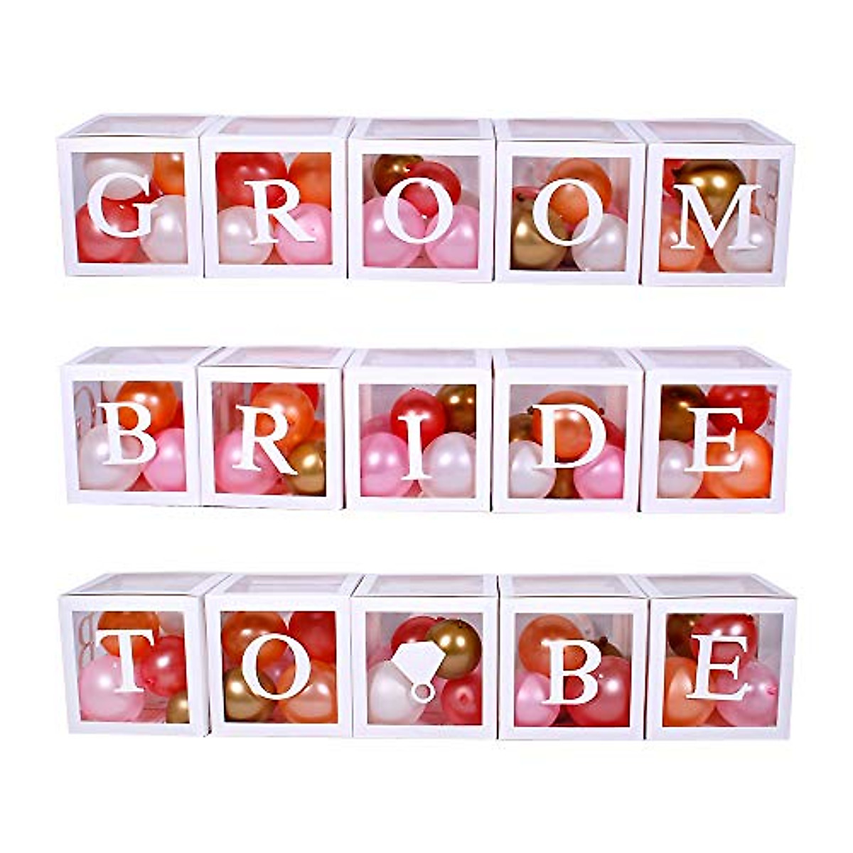 96 PC Bridal Shower Decorations Balloon Boxes White- Transparent Block with BRIDE TO BE + GROOM + A - Z Letters and 40 Balloons- Engagement Bachelorette Parties Weddings Centerpieces Photo Booth Props