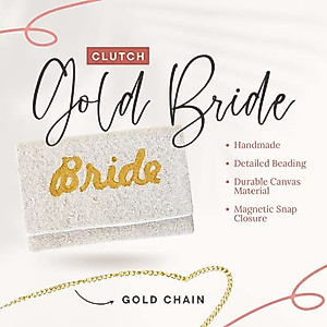 BRIDE Clutch for Wedding Day, Beaded Bride Purse for Bachelorette Party, White Bride Bag With Gold Cursive Design, Bridal Shower & Engagement Gifts for Bride To Be
