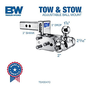 B&W Trailer Hitches Chrome Tow & Stow Adjustable Trailer Hitch Ball Mount - Fits 2" Receiver, Tri-Ball (1-7/8" x 2" x 2-5/16"), 3" Drop, 10,000 GTW - TS10047C