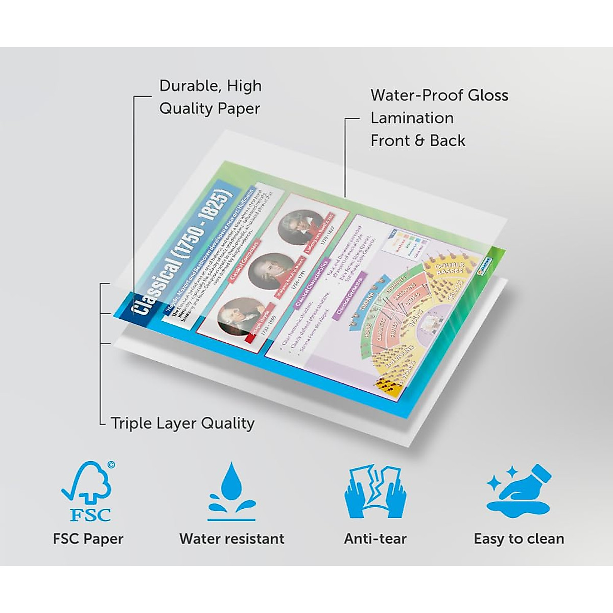 Daydream Education Classical Music History Poster - Laminated - LARGE FORMAT 33” x 23.5” -Music Classroom Decoration - Bulletin Banner Charts