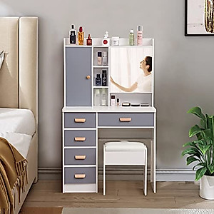Large Makeup Vanity with Mirror 5 Drawers & Hide Cabinet,Storage Stool,for Girls/Women Bedroom, White