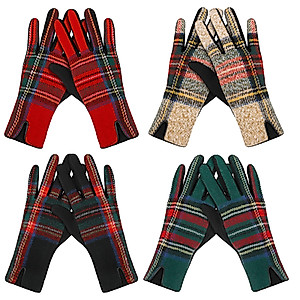 JenPen 4 Pairs Women Plaid Winter Gloves Touch Screen Plaid Pattern Gloves Tartan Fleece Thick Warm Mittens Women's Cold Weather Gloves, 4 Colors
