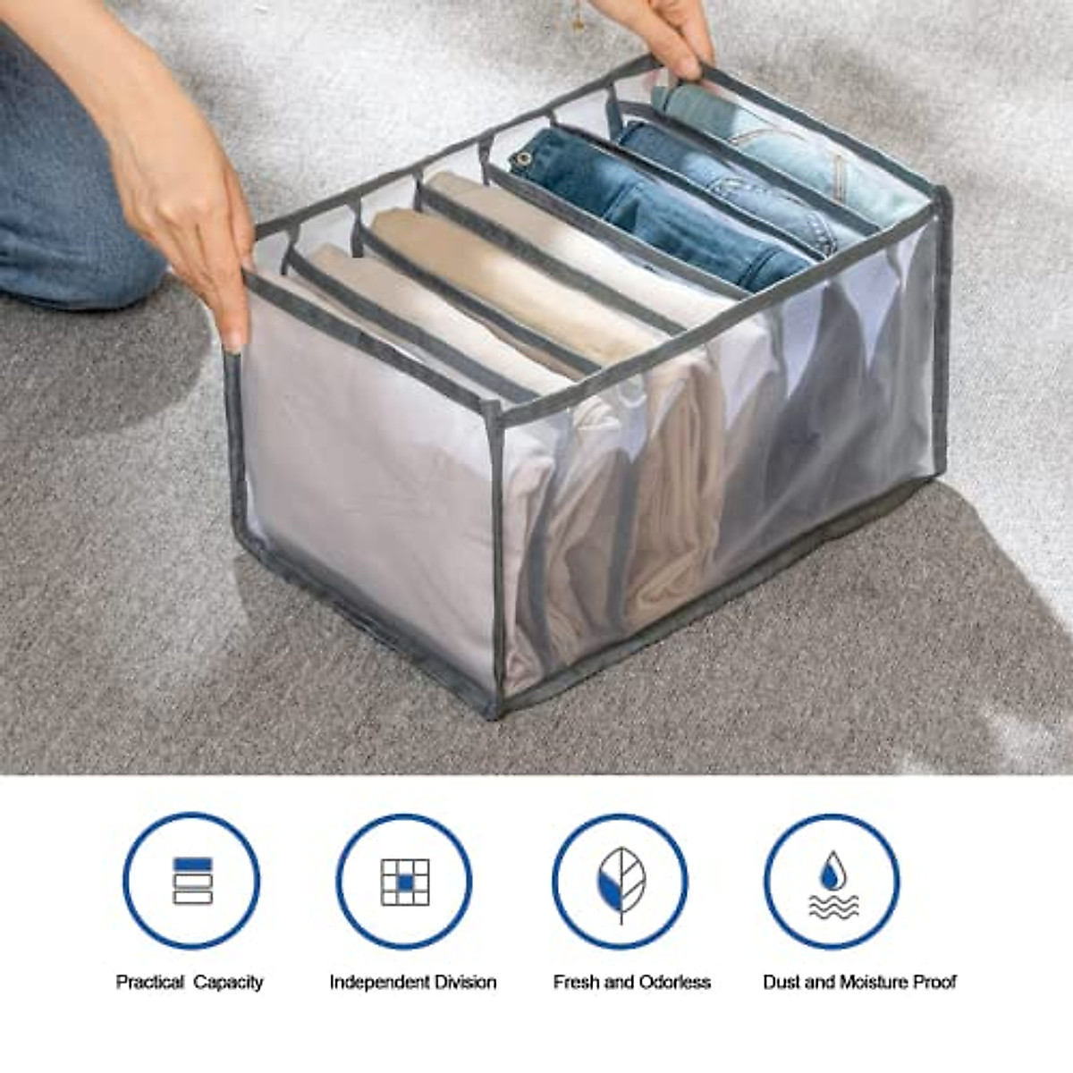 Wardrobe Clothes Organizer, Closet Pants Organizers for Jeans and Storage Baskets for Bedroom Dorm Room, 7 Grids Clothing Storage Bins, Washable Foldable Drawer Clothes Compartment Storage Box(2+2pcs)