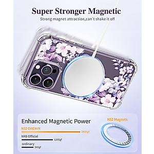 GVIEWIN for iPhone 14 Pro Max Case Compatible with MagSafe, [Screen Protector + Camera Lens Protector][MIL-Grade Protection] Magnetic Floral Clear Shockproof Women for 14 Pro Max Phone Case(Foliolosa)