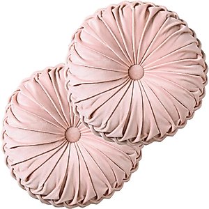 HIG Set of 2 Decorative Round Pleated Throw Pillows, Classy Accent Pumpkin Throw Pillows with Center Button, Vintage Velvet Floor Pillows for Sofa Couch Vanity Chair Bed, Pink, 14.5" Diameter(RIPPLE)