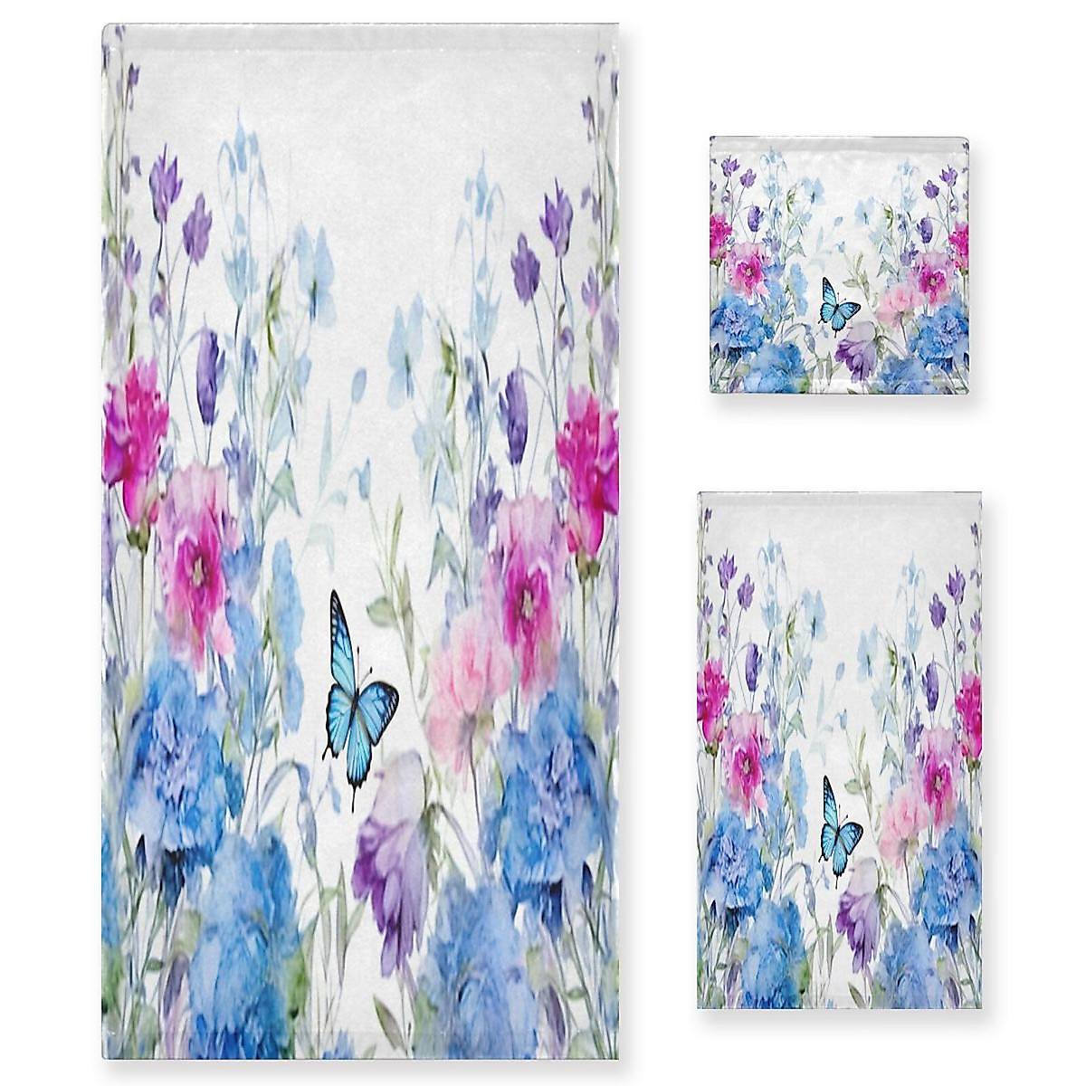 Flradish Watercolor Flowers Butterflies Towels 3 Pack Bath Towels for Bathroom Set Soft Cotton Highly Absorbent Lightweight & Quickdry Towel Set 1 Bath Towel,1 Hand Towel,1 Washclothe