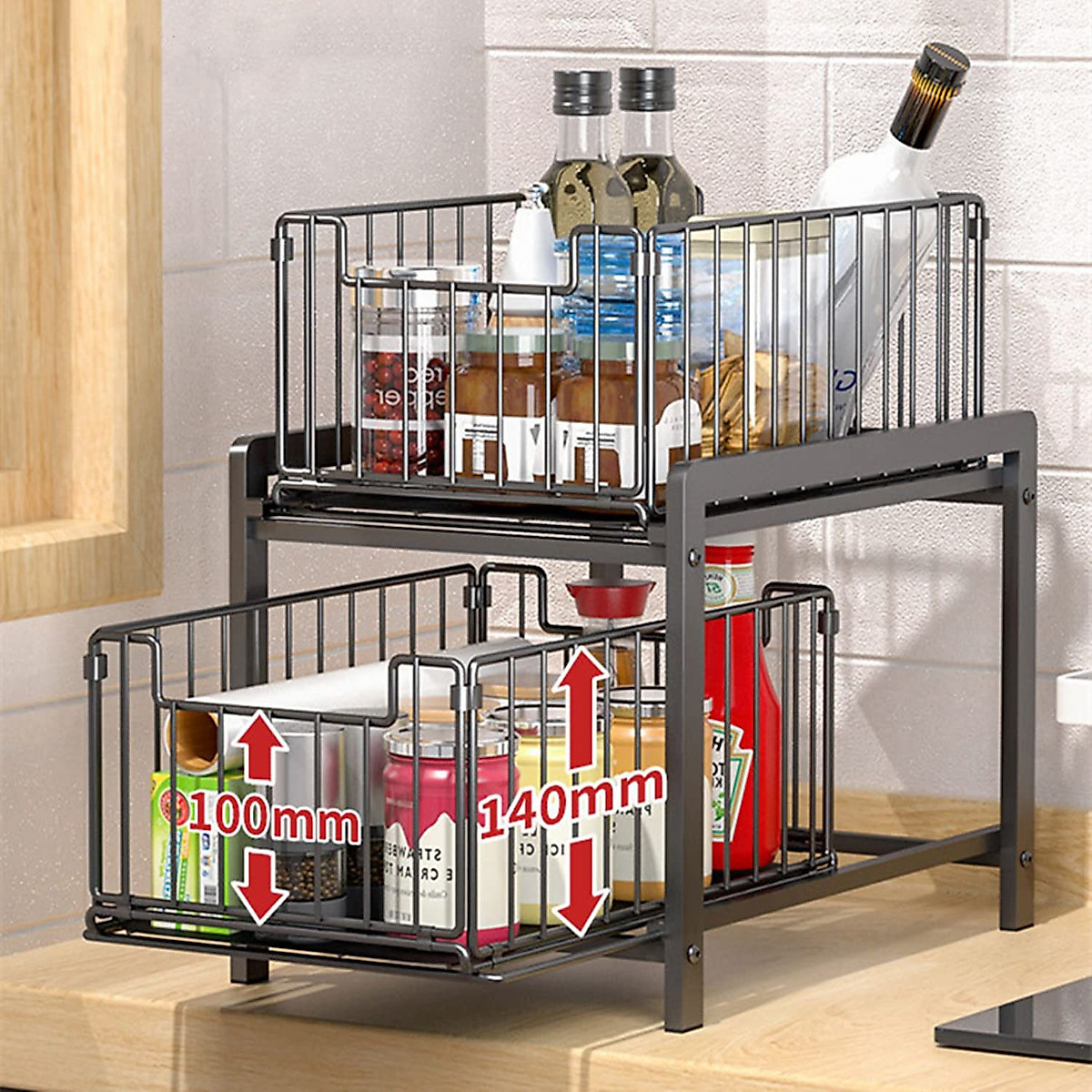 FULE KEJI 2 Tier Under Sink Organizer and Storage Pull Out Drawer Sliding Basket,Stackable Sink Under the Cabinet Organizer Storage Basket,for Bathroom Kitchen Cabinet Office Countertops