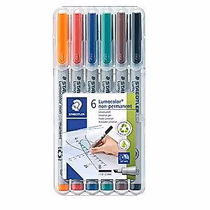 Staedtler Lumograph Non-Permanent Wet Erase Marker Pen, Broad Tip, Low Odor Colored Markers, 6-Pack Assorted Colors, 312-WP6