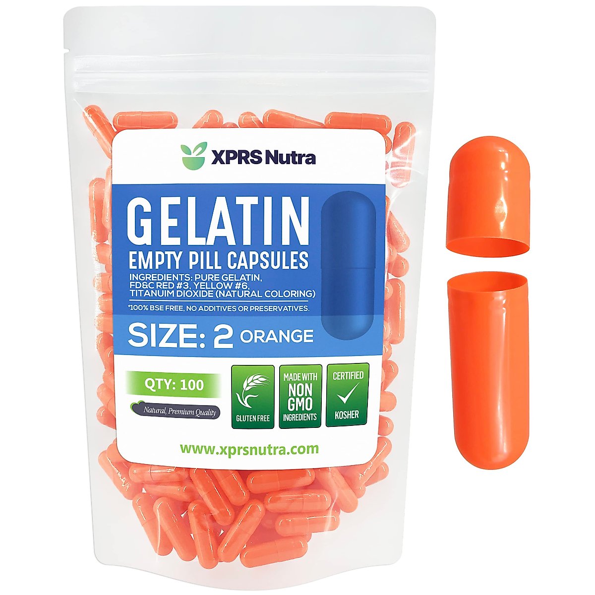 XPRS Nutra Size 2 Empty Capsules - 100 Count Empty Gelatin Capsules - Empty Pill Capsules - DIY Capsule Filling - Pure Bovine Pill Capsules Empty Gel Caps (Orange)