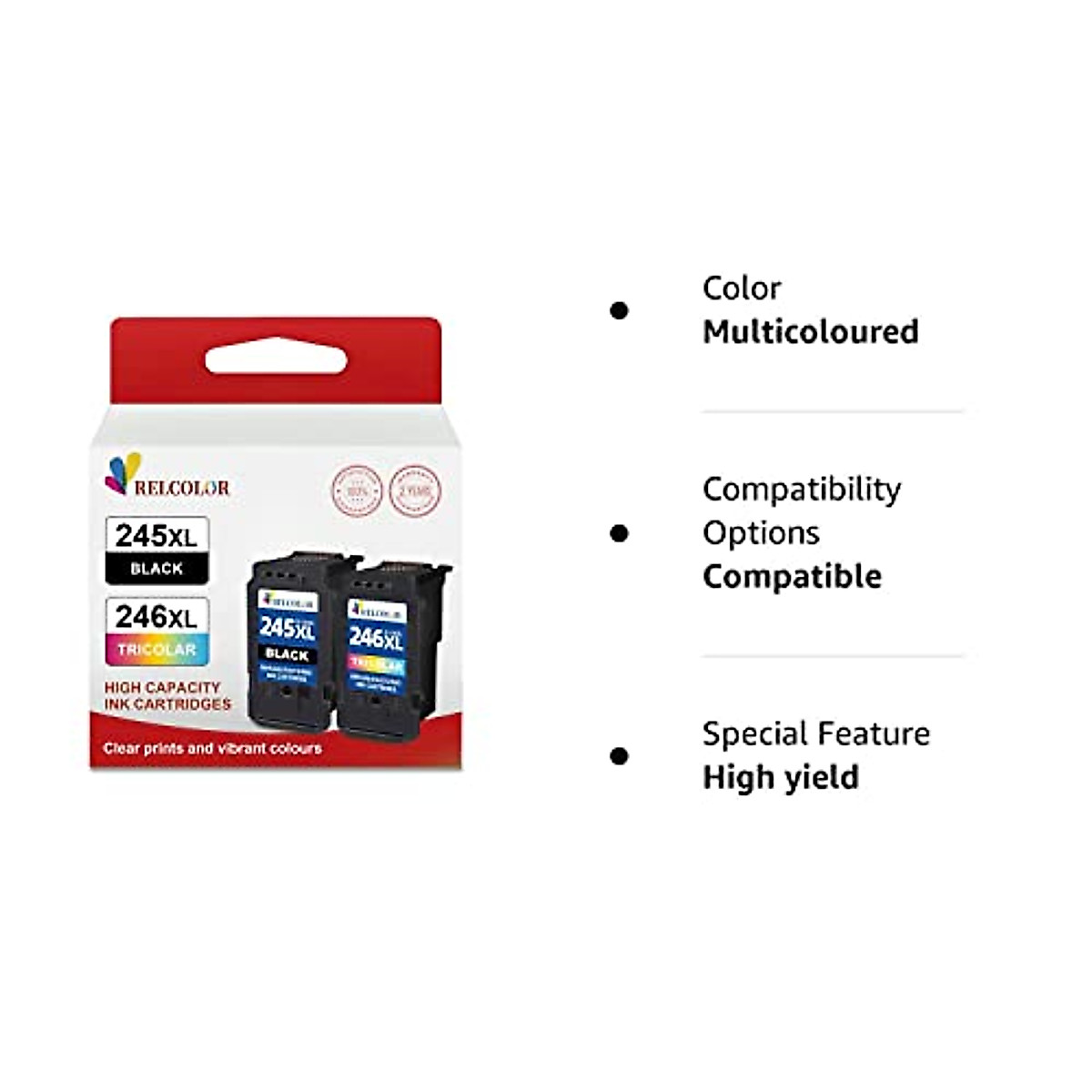 Relcolor 245XL 246XL Ink Cartridge Black Color Combo Fit for MX490 MX492 MG2522 TS3100 TS3122 TS3300 TS3322 TS3320 TR4500 TR4520 TR4522 MG2500 Printer Canon PG 245 CL 246 XL Higher Yield