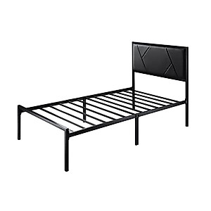MUTICOR Twin Size Bed Frame with Geometric Leather Headboard, Heavy Duty Metal Platform Bed with Strong Metal Support, Ample Underbed Storage, No Box Spring Needed, Easy Assembly, Noise Free