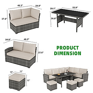 GAOMON 7 Piece Outdoor Sectional Sofa with Dining Table, Outdoor Sectional Dining Table Set, Outdoor Furniture with Wicker Rattan Dining Table with Ottoman, Beige