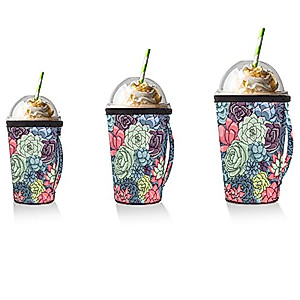 Tropical Succulent Iced Coffee Cup Sleeve with Handle for Cold Drinks Beverages Vintage Succulent Reusable Neoprene Cup Holder Insulator Sleeve 30-32oz
