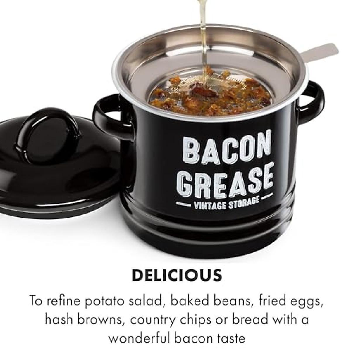 Granrosi Bacon Grease Container with Strainer - 36OZ Stainless Steel Bacon Grease Saver with Airtight Lid; Farmhouse Style Strainer - Black