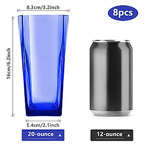 20 Ounce Square Drinking Glasses Set of 8 with Cleaning Brush, Plastic Tumblers Shatterproof Everyday Glassware Sets, Kid Milk Non Breakable Cups, Perfect for Parties, Birthdays, Giftable