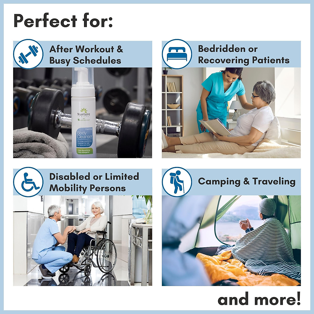 Nurture Rinse Free Waterless Foaming Cleanser | Women, Camping, Elderly & Hospital Care | Waterless Shower & Bath Wash w/Aloe for Sensitive Dry Skin