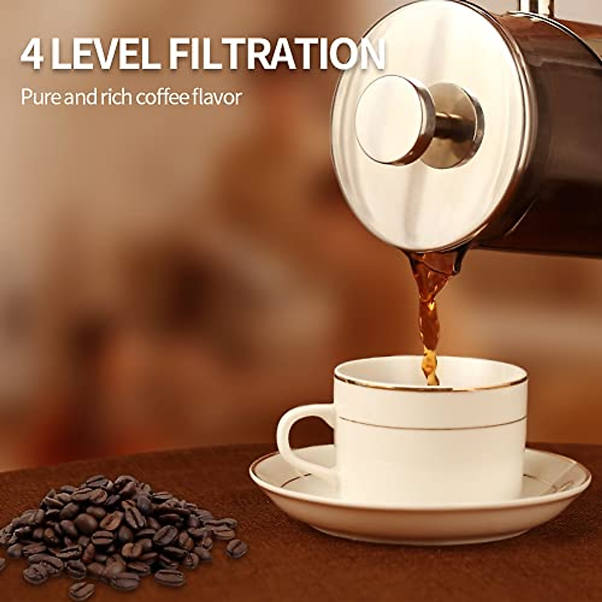 AHOSOUTLY French Press Coffee Maker,304 Stainless Steel French Press Espresso with 4 Level Filter,Stainless Steel Plunger and Cold Brew Heat Resistant Borosilicate Glass,34 Ounce