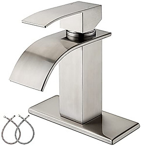Waterfall Bathroom Faucet - Brushed Nickel Bathroom Sink Faucet, Single Handle Washbasin Faucet, 1 or 3 Hole Deck Mount Mixer Faucet, Stainless Steel Lavatory Tap