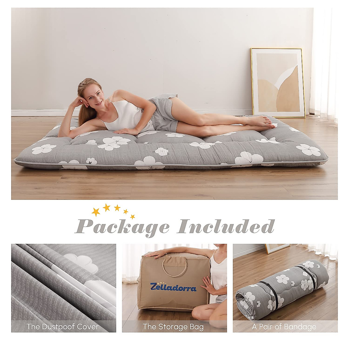 Zelladorra Japanese Floor Mattress, Futon Mattress with Portable Storage Bag and Washable Cover, Roll Up Thick Tatami Mat Suitable for Camping, Guest Room, Grey Cotton, Queen