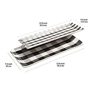 Bico Plaid Check Black and White Ceramic 14 inch Rectangular Serving Platter, Set of 2, for Serving Salad, Pasta, Cheese, Ham, Appetizer, Microwave & Dishwasher Safe