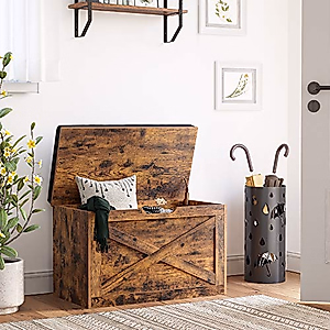 VASAGLE Padded Shoe Bench with Cushioned Seat, Storage Chest Cabinet, Barn-Door Style, 15.7 x 29.9 x 18.9 Inches, Rustic Brown