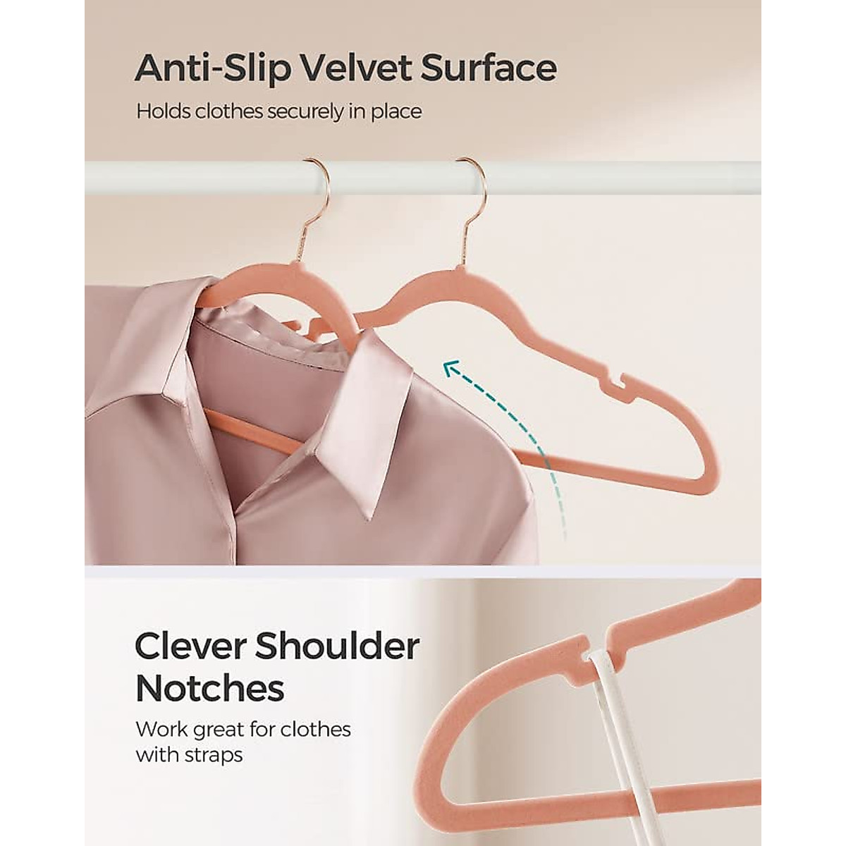 SONGMICS Velvet Hangers 50 Pack, Non-Slip Clothes Hangers, with Shoulder Notches, Pants Bar, 360° Swivel Hook, Space-Saving, for Closet, Pink UCRF029PK05