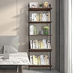 bukfen Ladder Bookshelf, 5 Shelf Modern Bookcase, Wall Mount Industrial Bookshelf, Open Wood Storage Shelves with Metal Frame for Bedroom Office, Rustic Brown